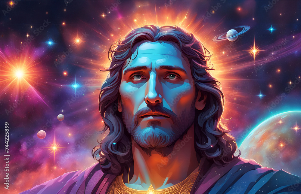 heilige Figur des Christentum Jesus lächelnd vor einem bunten Universum ...