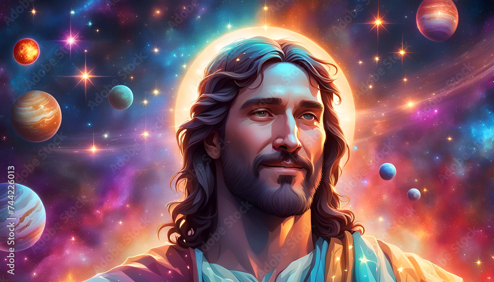 heilige Figur des Christentum Jesus lächelnd vor einem bunten Universum ...