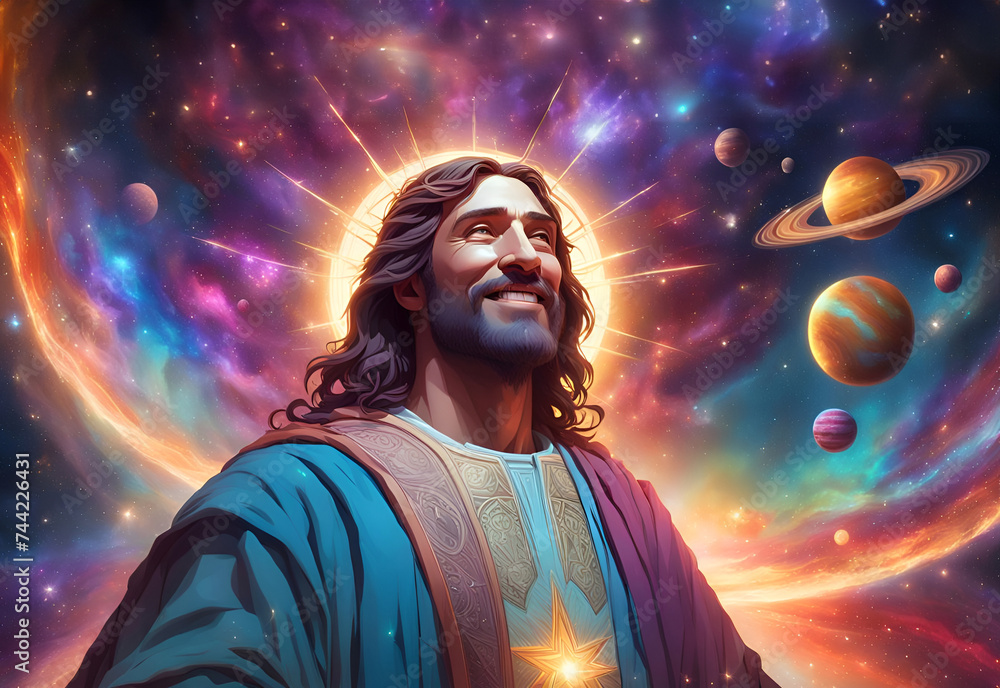 heilige Figur des Christentum Jesus lächelnd vor einem bunten Universum ...