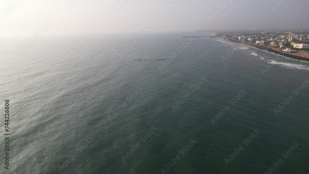Aerial video of Puducherry sea shore with cinematic view of bay of ...