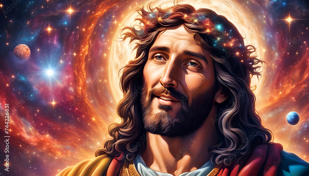 heilige Figur des Christentum Jesus lächelnd vor einem bunten Universum ...