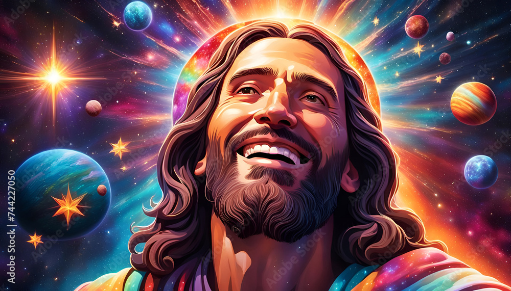 heilige Figur des Christentum Jesus lächelnd vor einem bunten Universum ...