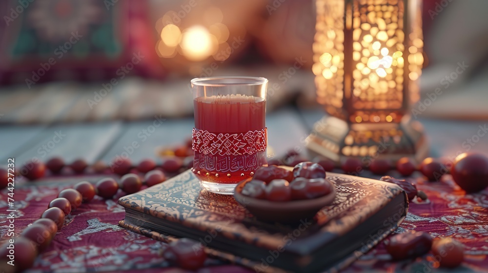 Ramadan iftar table with dates in a bowl and glass of red juice ...