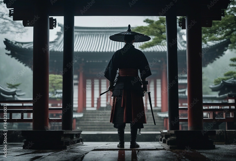 A epic samurai with a weapon sword standing in front of a old japanese ...