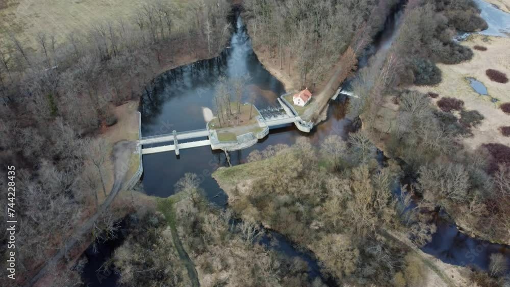 Confluence of rivers with dam and control building. Aerial. Stock-Video ...