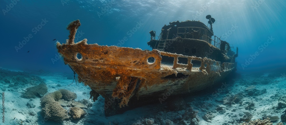 An old, rusted ship lies stranded in the vastness of the ocean ...