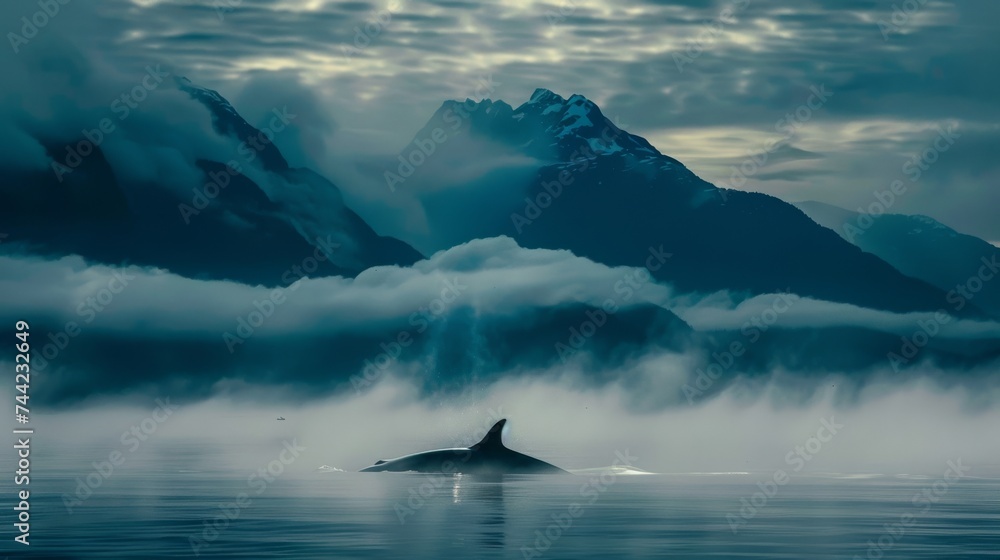 A majestic whale gracefully swims through the misty fog, surrounded by ...
