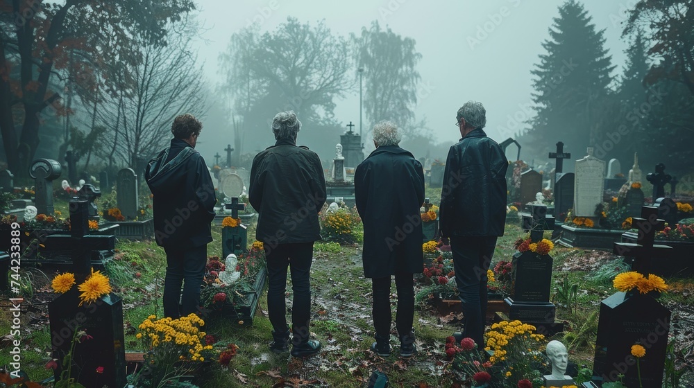 Farewell ceremony for the deceased, cemetery, tombstone, sad people in ...