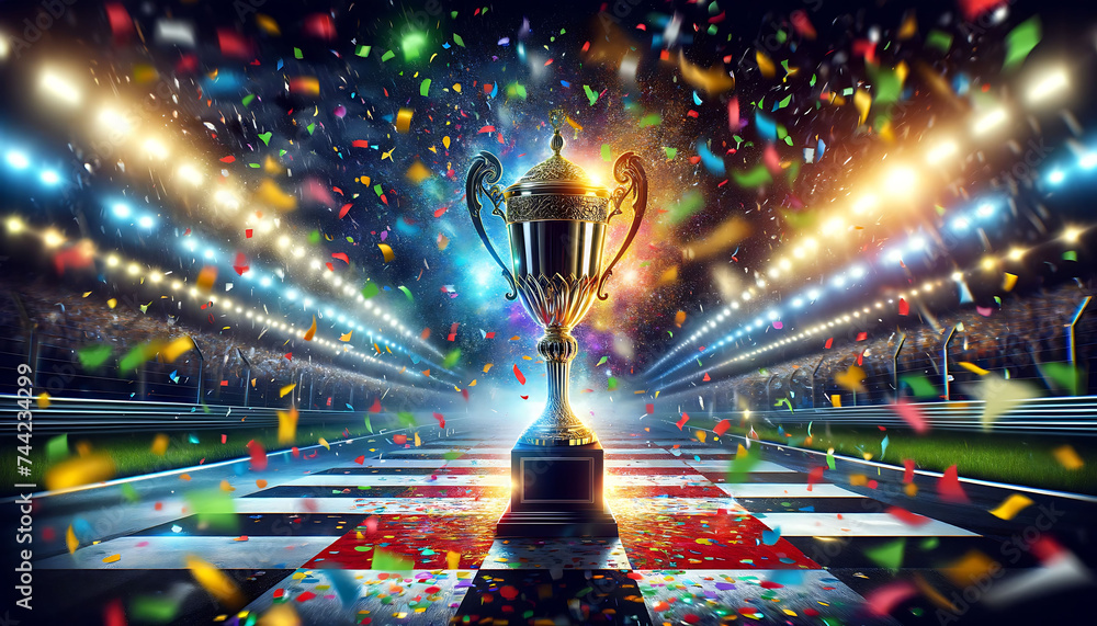 Shimmering Trophy Spotlighted on Stadium Grounds with Confetti. The ...