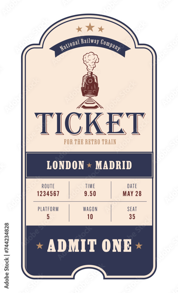 A train ticket template in a vintage style in dark blue and red colors ...