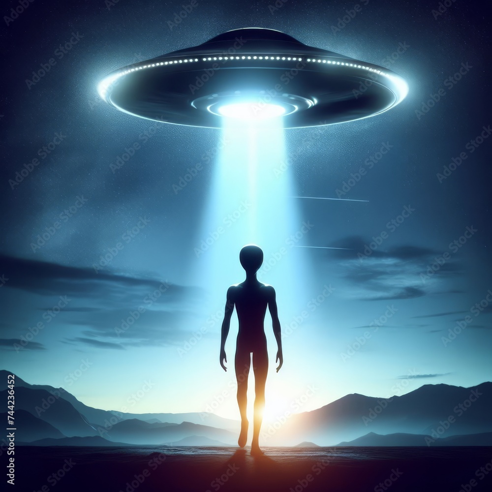 Silhouette of an alien on earth with a UFO shining a beam of light ...