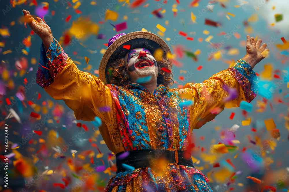 Birthday clown, celebrating a circus event with confetti, laughter and ...