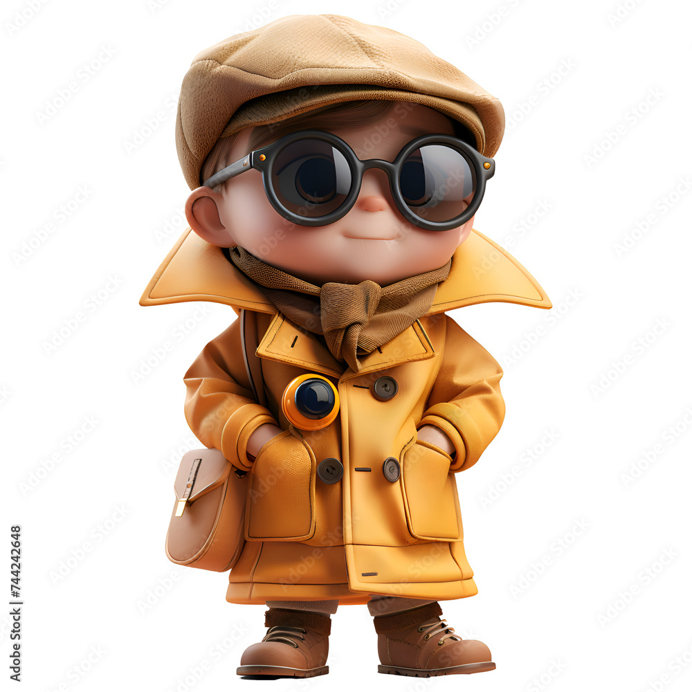 A 3D animated cartoon render of an adorable child in spy disguise ...
