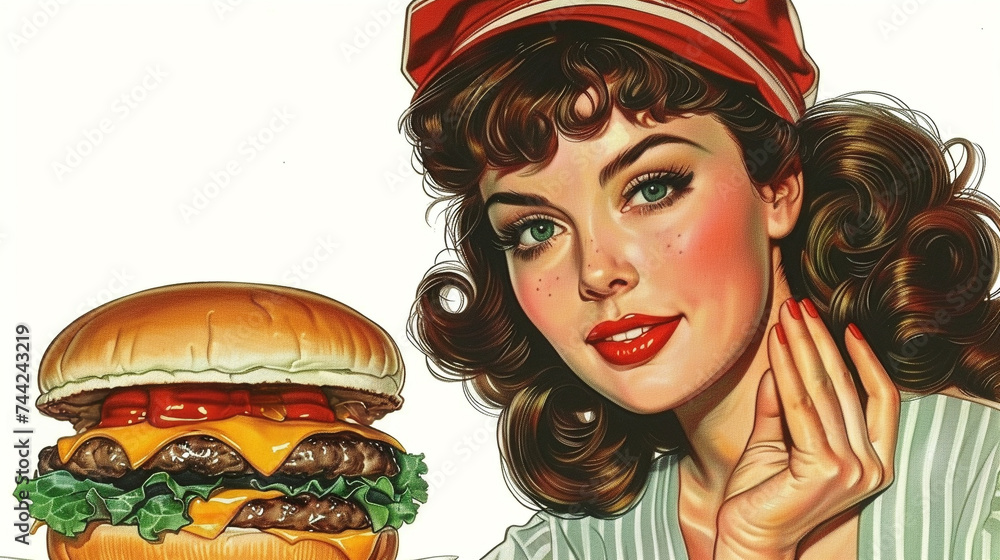 1950's retro fast food waitress Comic book cartoon pop art illustration ...