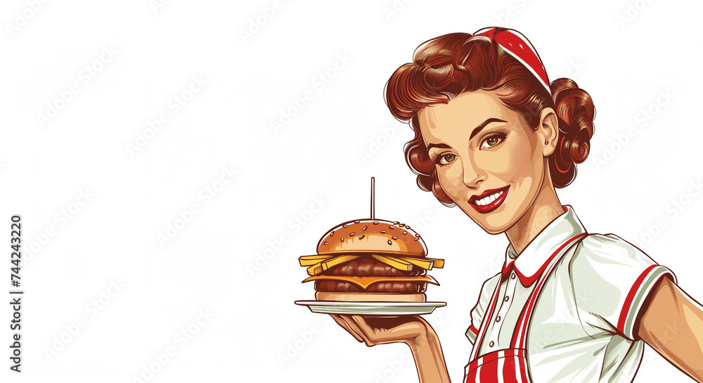 1950's retro fast food waitress Comic book cartoon pop art illustration ...