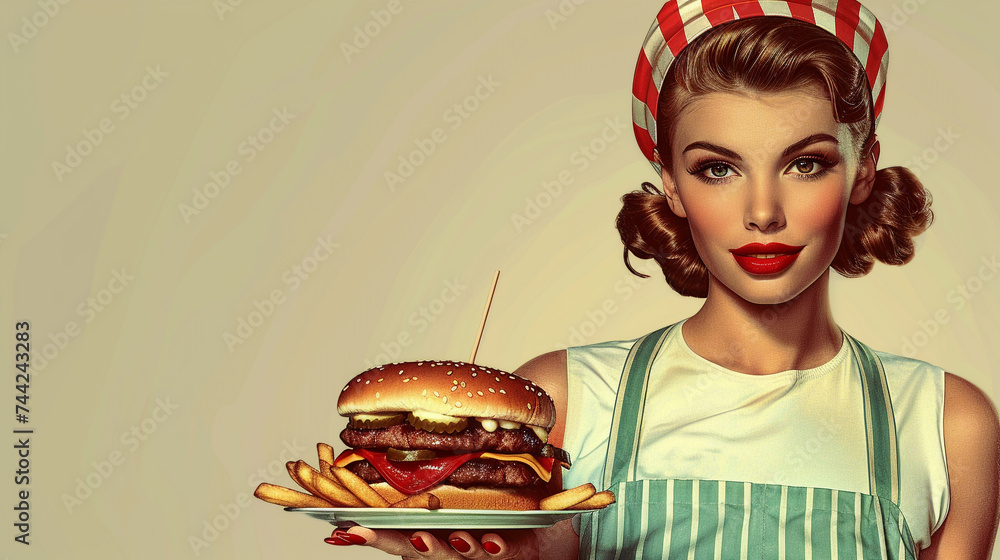 1950's retro fast food waitress Comic book cartoon pop art illustration ...