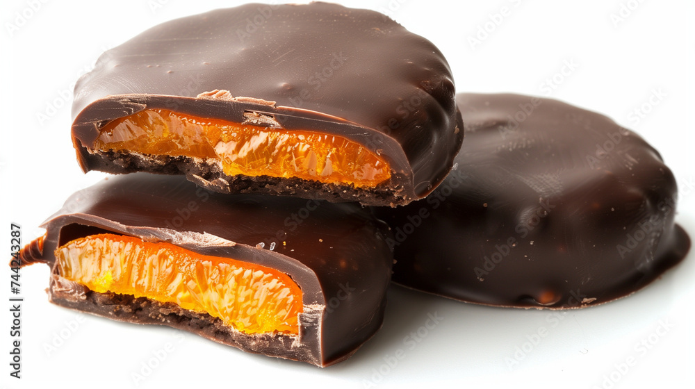 Homemade artisenal jaffa cakes with orange jello filling on bright ...