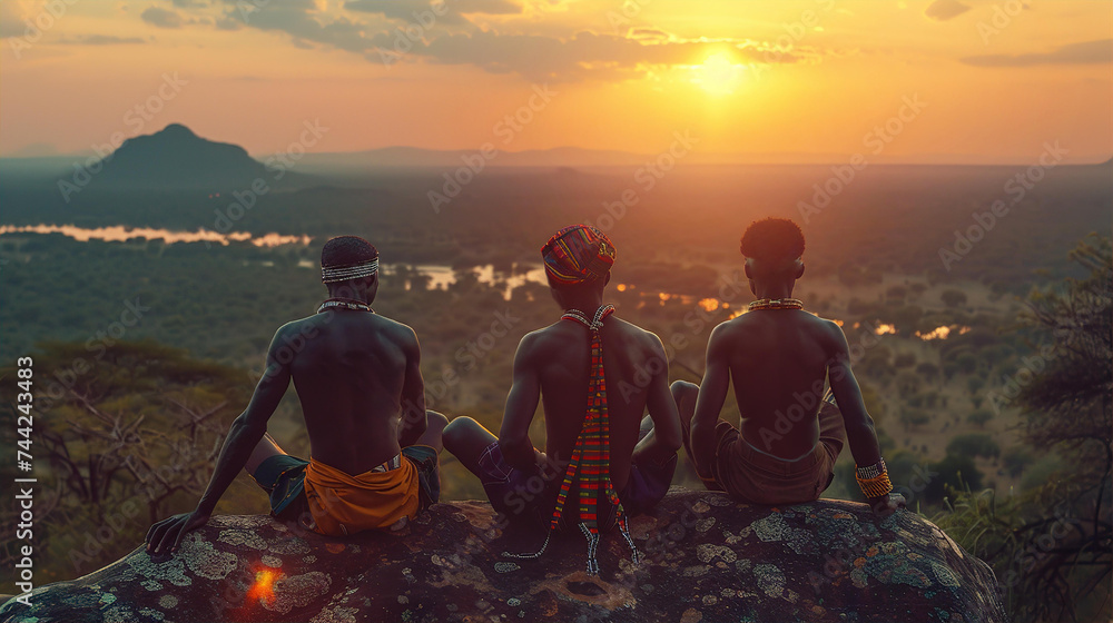 Tree Young Indigenous African tribe men are sitting on a big stone with ...