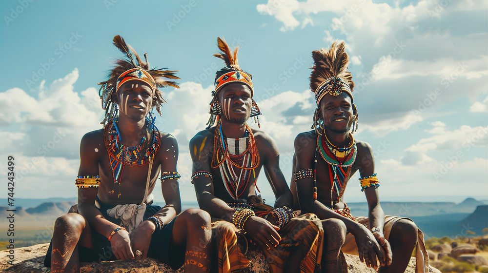Portrait of Tree Young Indigenous African tribe men are sitting on a ...
