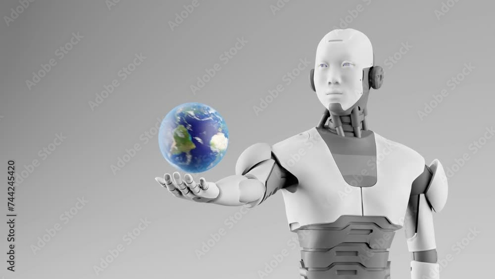 humanoid cyborg robot holding globe planet earth rotating over his palm ...