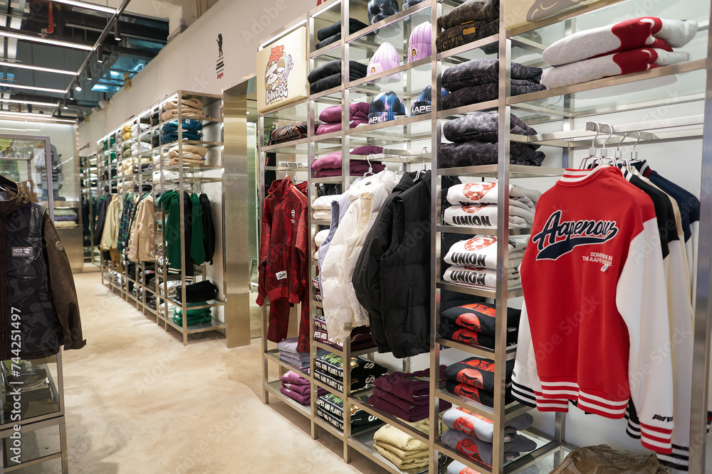 HONG KONG, CHINA - DECEMBER 04, 2023: apparel displayed at AAPE by A ...