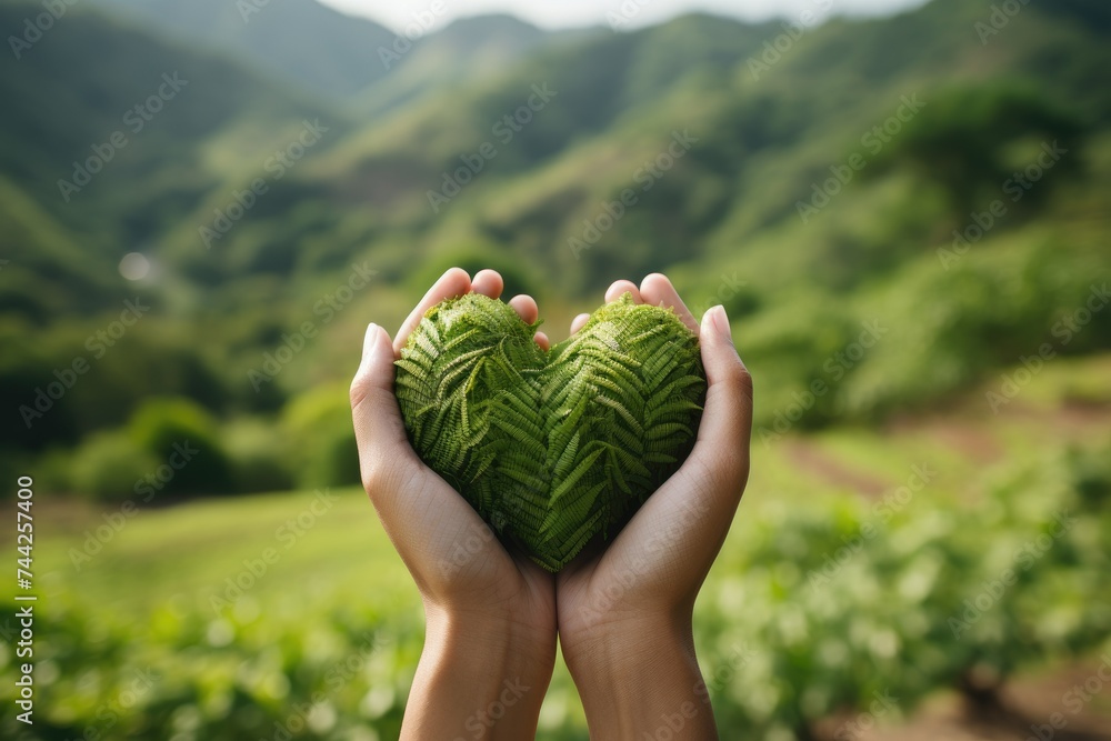 Human Hand Holding Green Heart Formed by Hand on Blurred Green ...