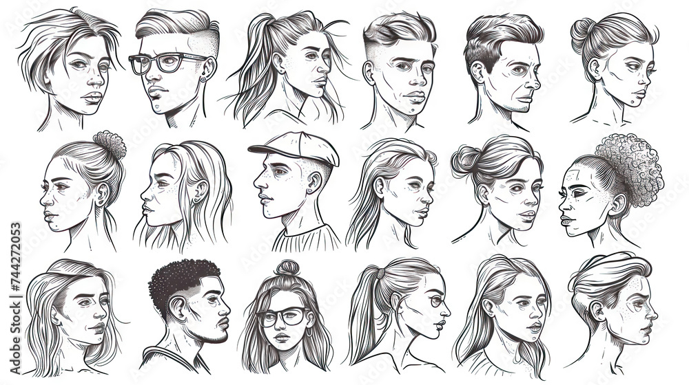 Set of People Faces Hand-Drawn in Doodle Style Black and White ...