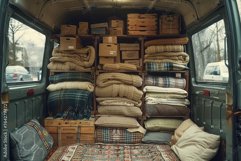 A fully-stocked van, with blankets neatly arranged in the trunk, sits ...