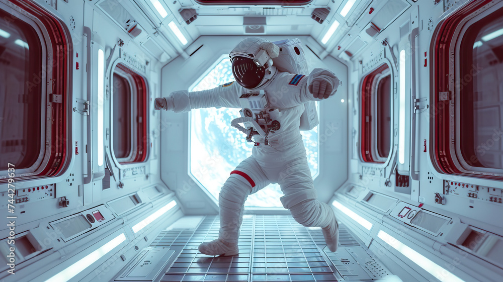 Kung Fu Astronaut: An Asian astronaut practicing kung fu in a space station gym, maintaining ...
