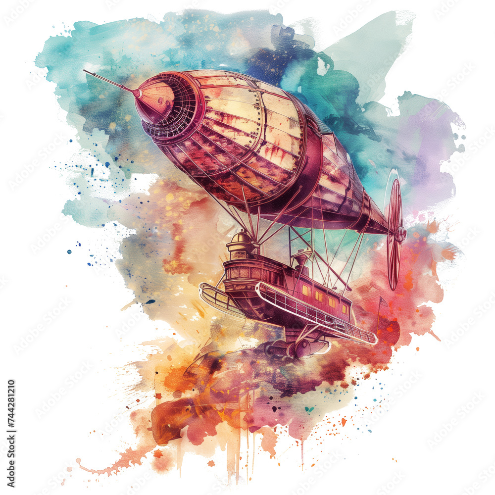 Watercolor design of a flying steampunk dirigible / blimp / air ship ...