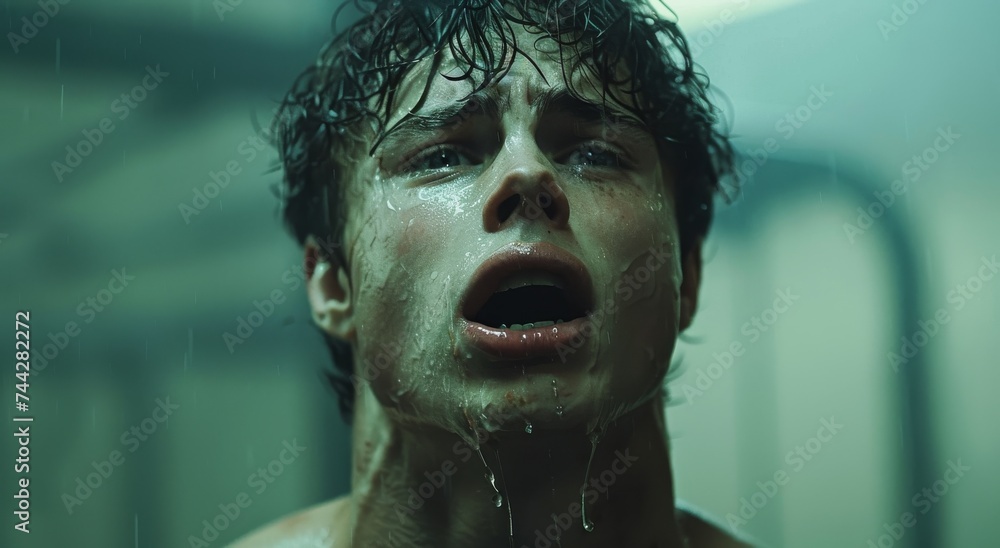 A man stands indoors, his wet hair clinging to his face as he shouts ...