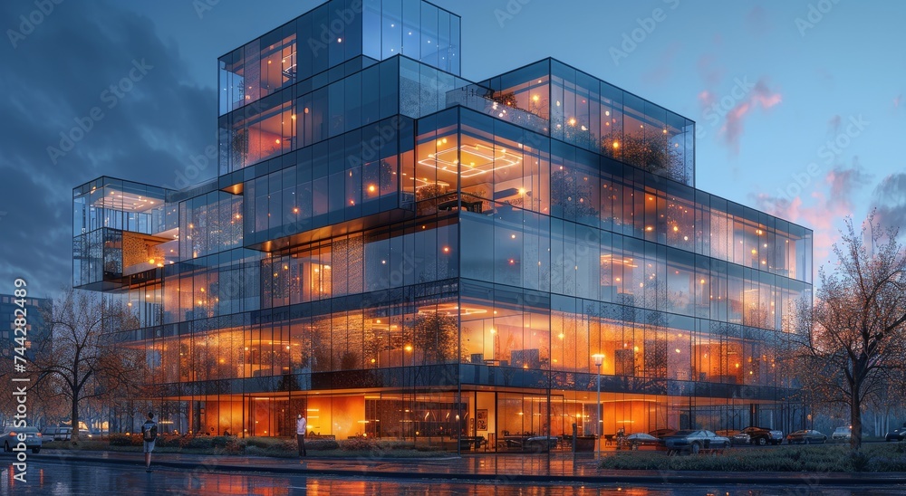 A majestic glass tower reflects the wintry night sky, surrounded by a ...