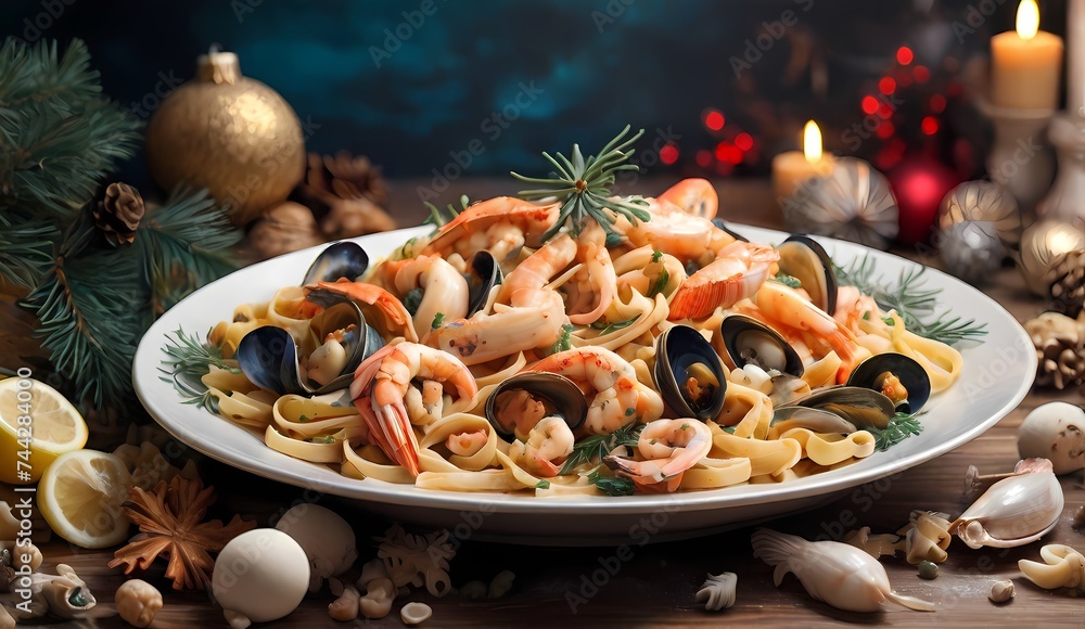 Generative AI Pasta with seafood on a Christmas background. Feast of ...
