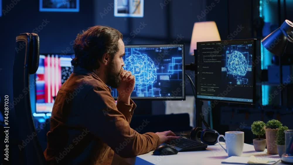 Software developer writes code on multimonitor setup PC to visualize ...