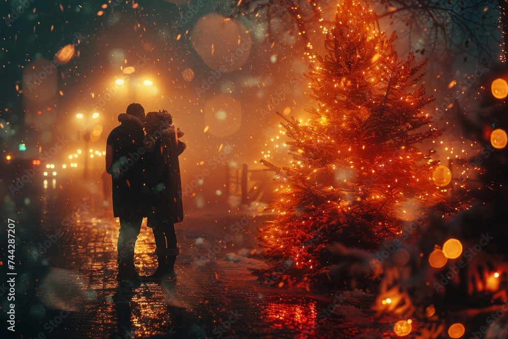 Amidst the winter's night, a couple shares a tender kiss under the glow ...