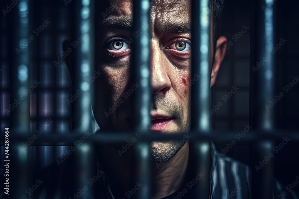 Face of a man behind bars in a dark prison cell. Criminal in prison in ...