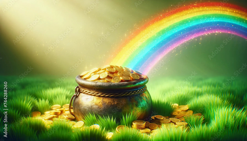 A close-up view of a rainbow's end, where it meets a rustic pot of gold ...