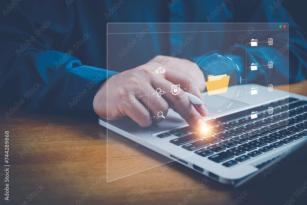 Folder document Management System DMS Open File folder with flying blank documents with computer ...