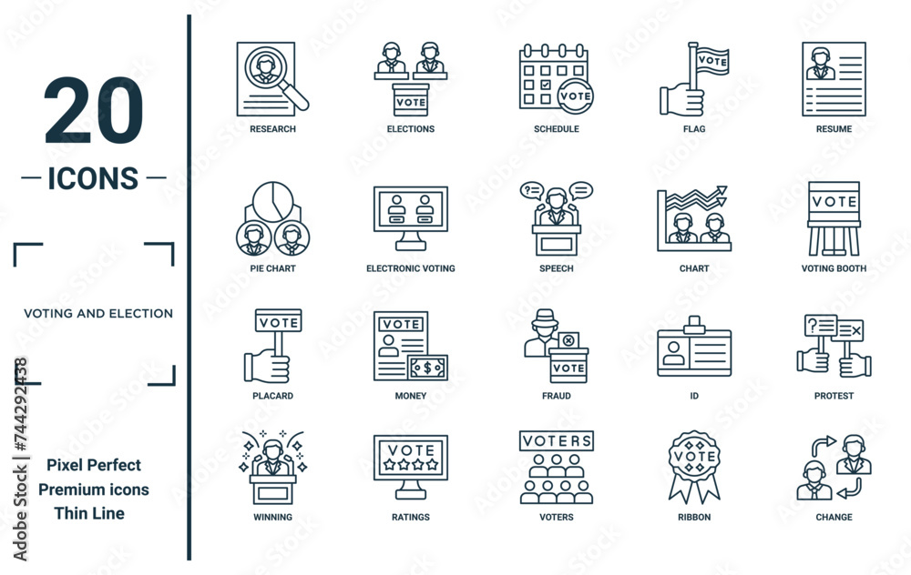 voting and election linear icon set. includes thin line research, pie ...