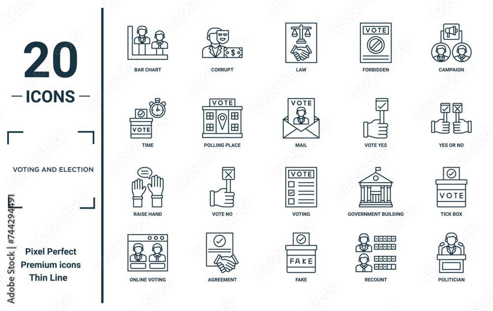 voting and election linear icon set. includes thin line bar chart, time ...