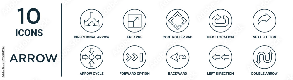 arrow outline icon set includes thin line directional arrow, controller ...