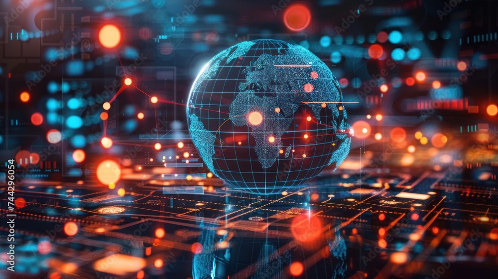 Illustration of a digital globe with network lines and data points ...
