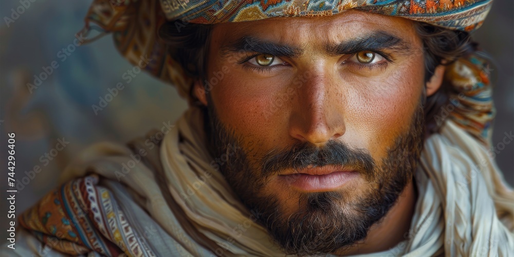 A stoic man with piercing green eyes dons a turban, adding an air of ...