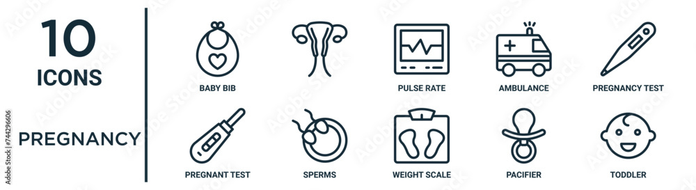 pregnancy outline icon set includes thin line baby bib, pulse rate ...
