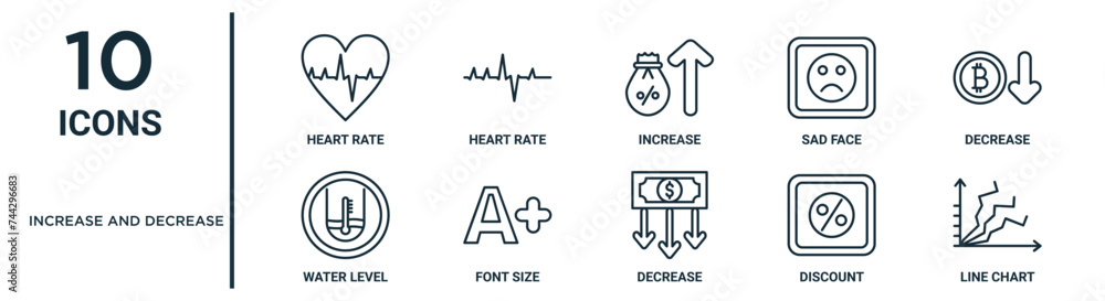 increase and decrease outline icon set includes thin line heart rate, increase, decrease, font ...