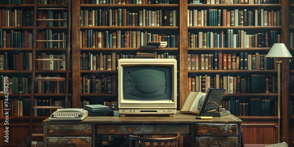 Vintage computing machine placed in a well-lit classic library evoking ...