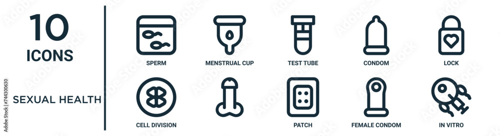 sexual health outline icon set includes thin line sperm, test tube ...