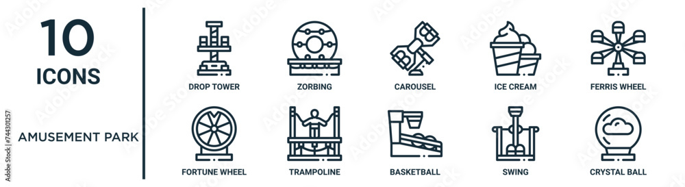 amusement park outline icon set includes thin line drop tower, carousel ...