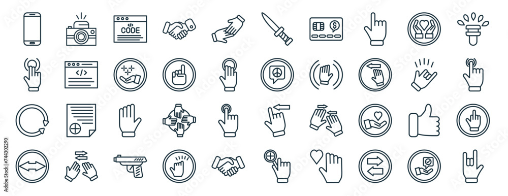 set of 40 outline web hand gestures icons such as camera, drag, rotation, directing, call me ...