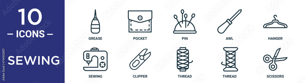 sewing outline icon set includes thin line grease, pocket, pin, awl ...